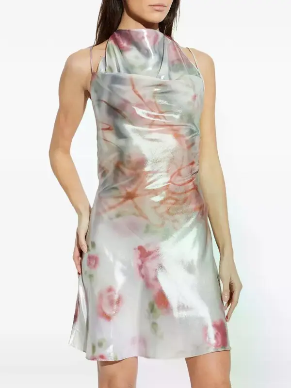 DIESEL® Metallic Blurred Rose Print Halter Neck Mini Dress - Pink