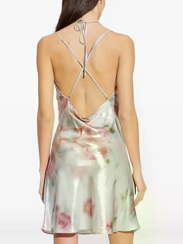 DIESEL® Metallic Blurred Rose Print Halter Neck Mini Dress - Pink
