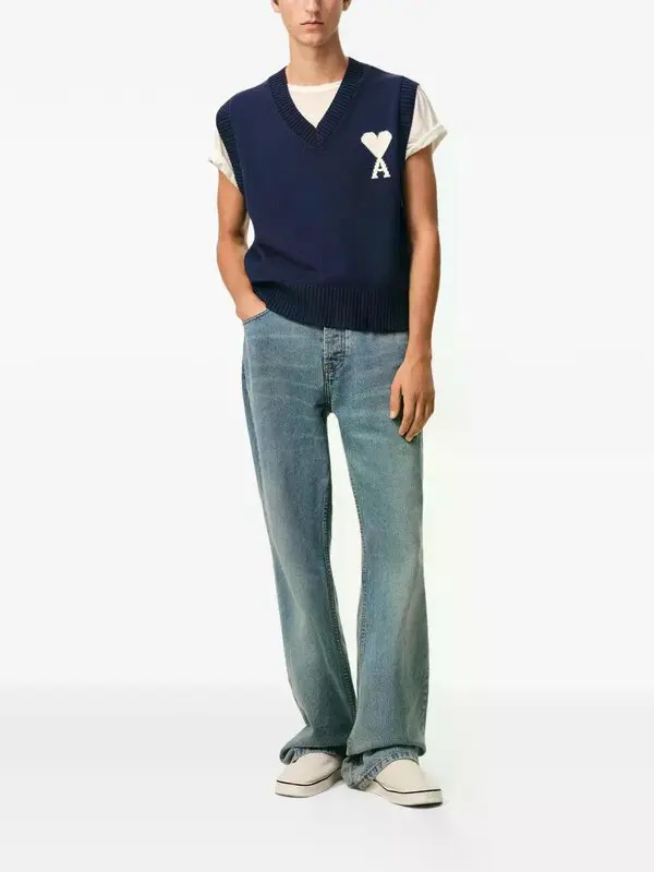 AMI Paris Wool And Cotton Sleeveless Sweater - Blue
