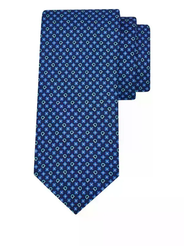 FERRAGAMO Gancini Flower Print Silk Tie - Blue