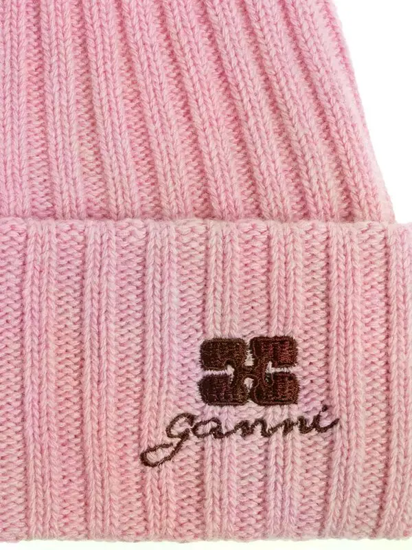GANNI Ribbed Embroidered Beanie - Pink