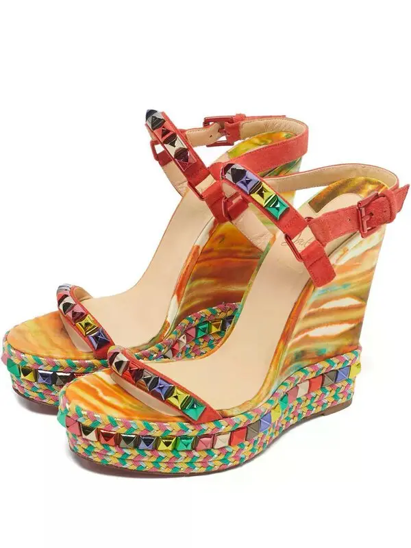 CHRISTIAN LOUBOUTIN Cataclou Studded Wedge Sandals - Orange