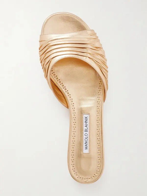 Manolo Blahnik Parua Pleated Metallic Leather Slides