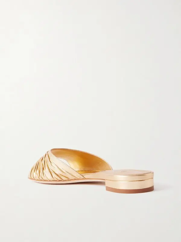 Manolo Blahnik Parua Pleated Metallic Leather Slides - Gold