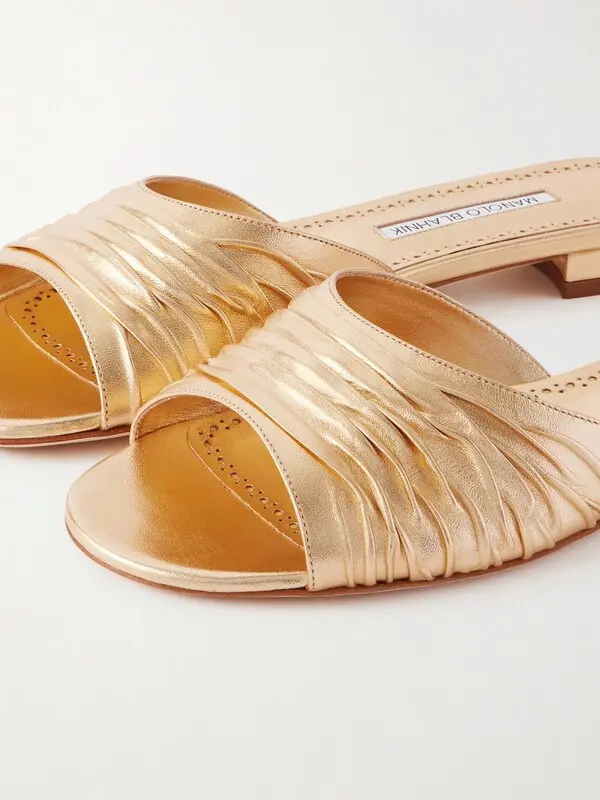 Manolo Blahnik Parua Pleated Metallic Leather Slides - Gold