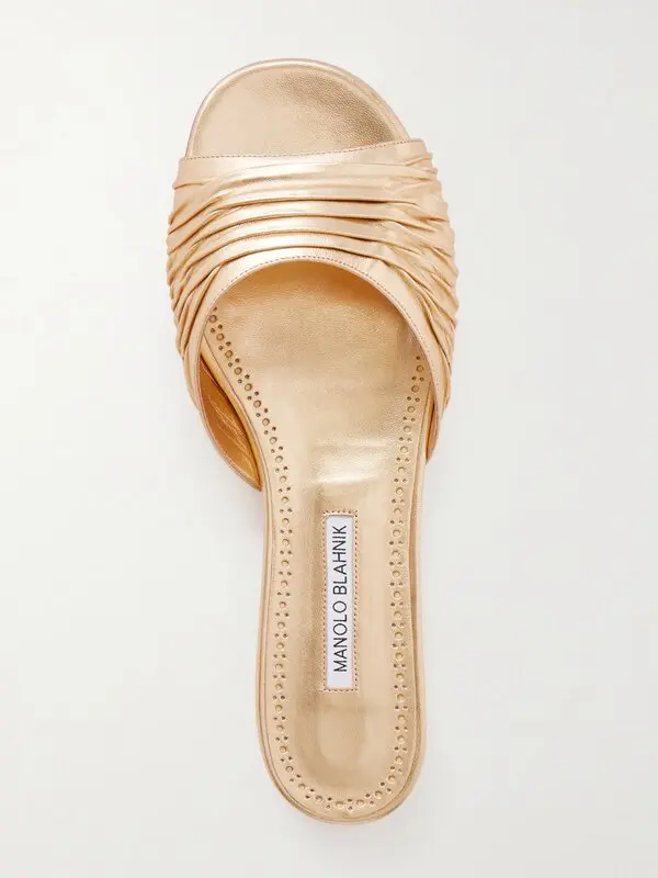 Manolo Blahnik Parua Pleated Metallic Leather Slides - Gold