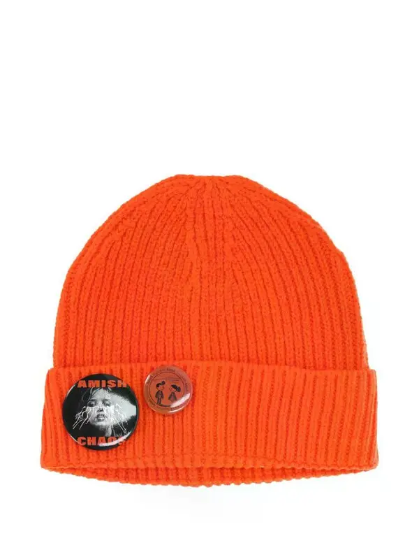 AMISH Ribbed Beanie With Pin Detail - Orange