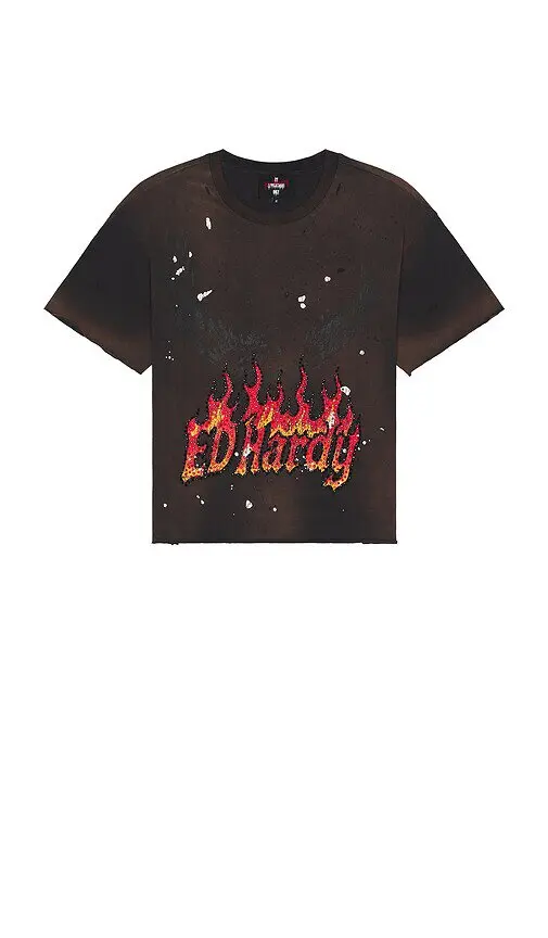 Ed Hardy By Appointment Only Eagle Flame Cropped Boxy Tee In Grey
