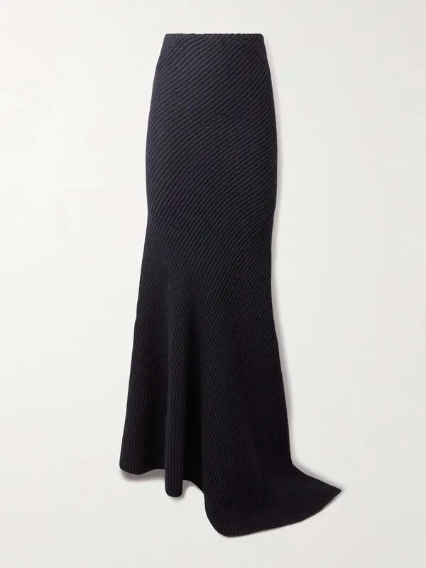 Alaïa Asymmetric Ribbed Wool And Cashmere-blend Skirt - Navy