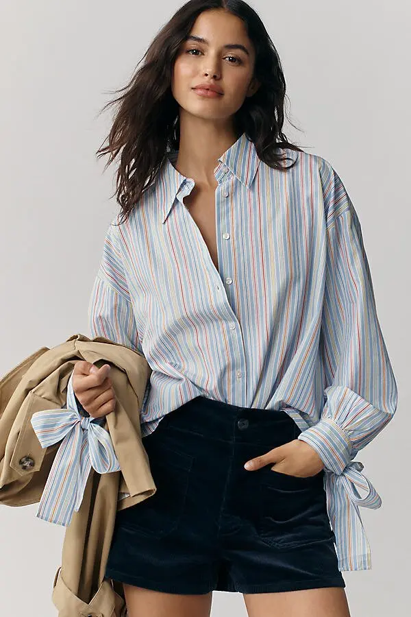 Maeve Button-front Shirt With Bow-cuff - Multi Stripe