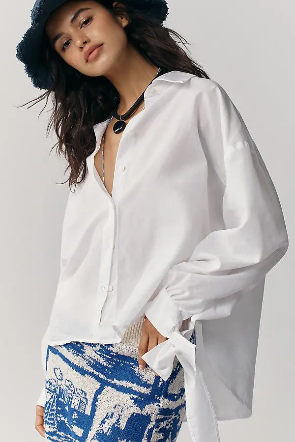 Maeve Button-front Bow-cuff Shirt - White
