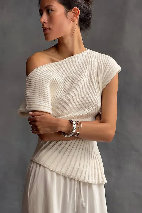 Anthropologie Asymmetric Ribbed Short-sleeve Pullover Sweater - Ivory