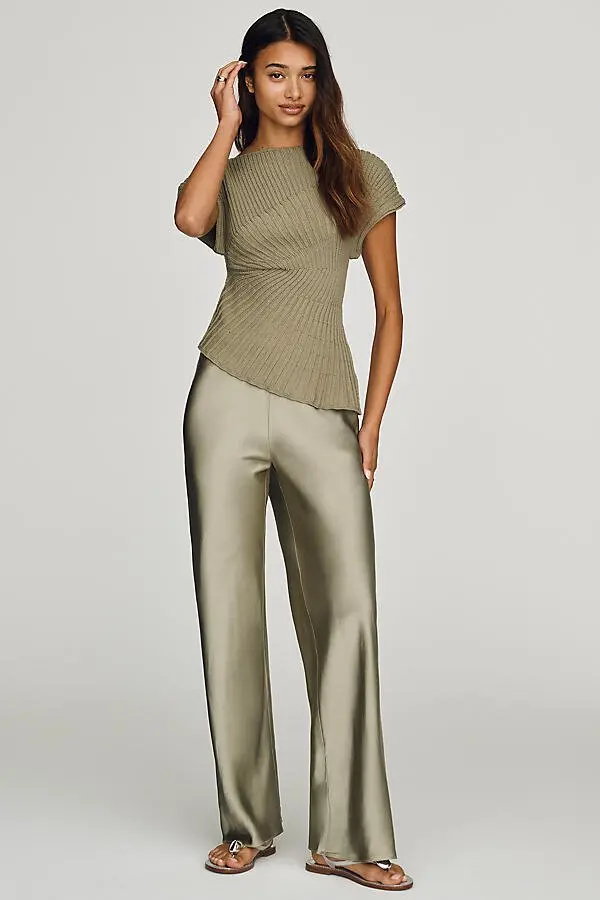 Anthropologie Asymmetric Ribbed Short-sleeve Sweater - Olive