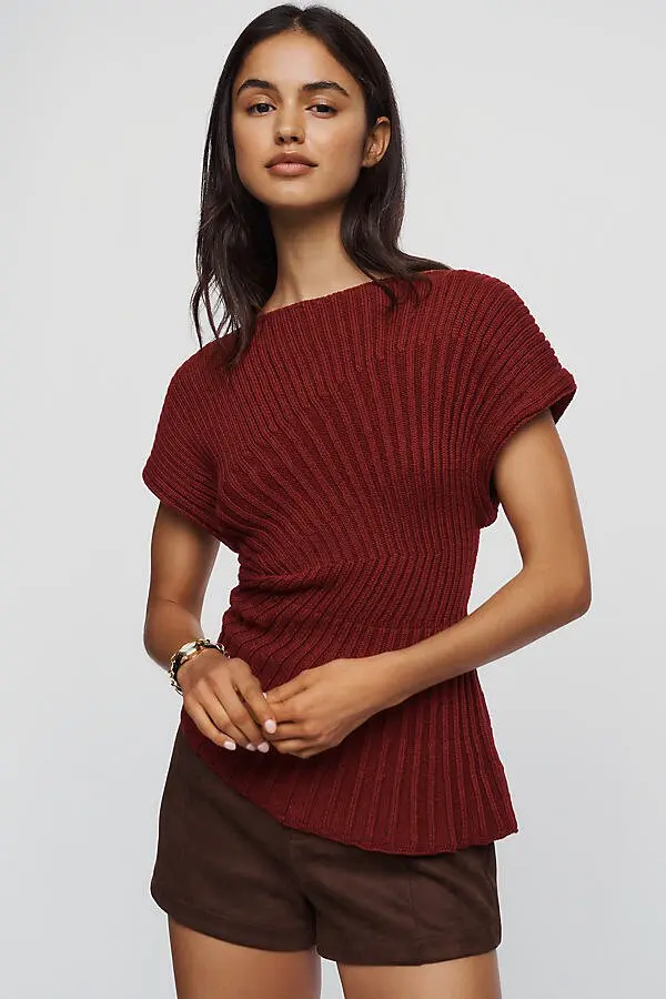 Anthropologie Celia Asymmetric Ribbed Sweater - Wine