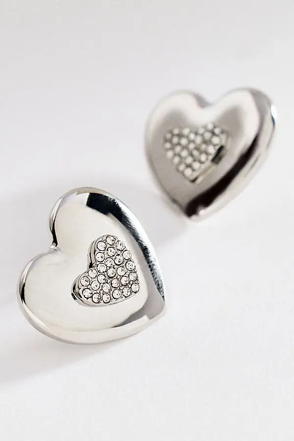 Anthropologie Pavé Heart Stud Earrings - Silver