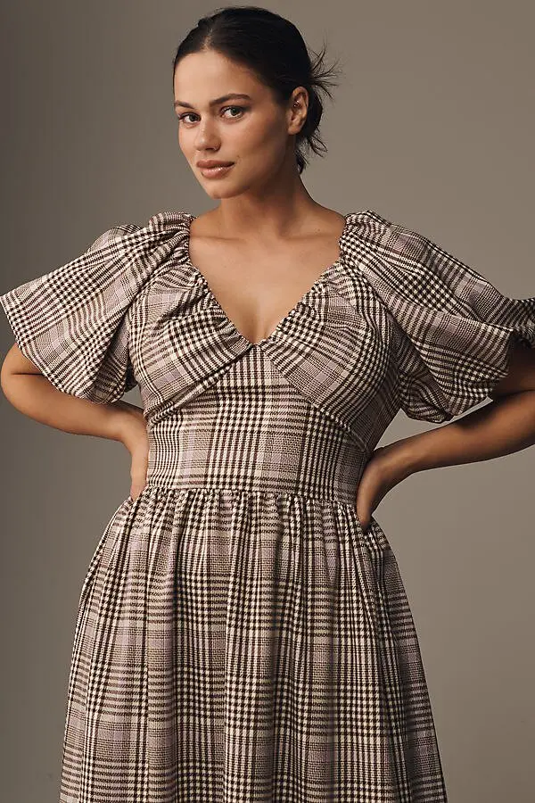 En Saison Puff-sleeve Midi Dress - Brown Taupe Lavender