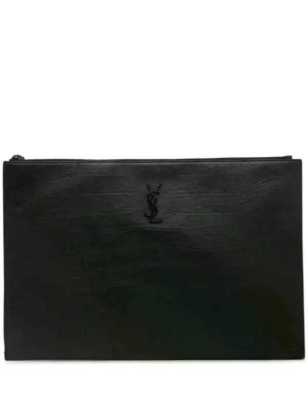 Saint Laurent 2019 Croc Embossed Leather Monogram Clutch - Black
