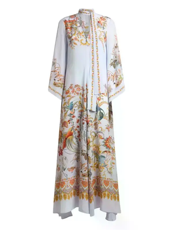 Etro Long Silk Dress With Flora And Fauna Print - Blue
