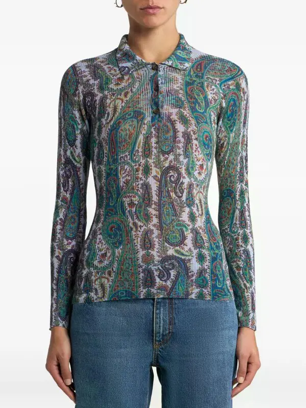 Etro Ribbed Leafy Paisley Polo Top