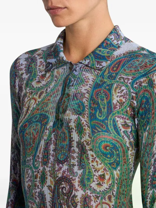 Etro Ribbed Leafy Paisley Polo Top