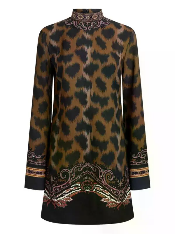 Etro Mini Tunic Dress In Envers Satin With Animal Motif - Brown