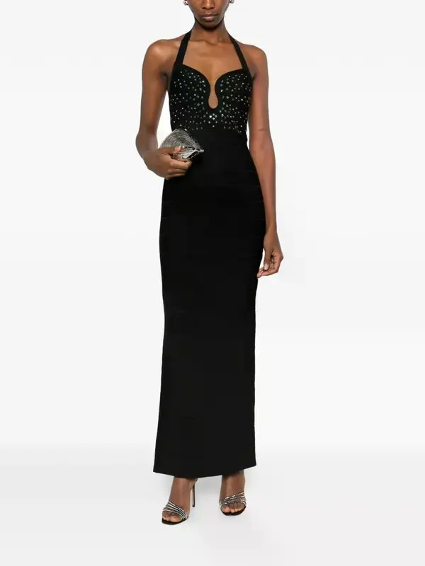 Herve Leger Reina Embellished Halter-neck Midi Gown - Black | Editorialist