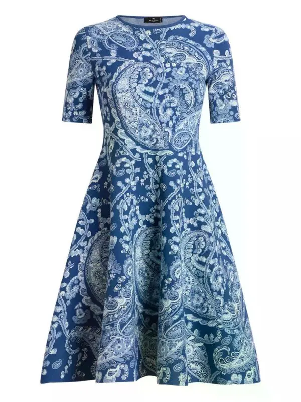 Etro Jacquard Knit Knee-length Dress With Floral Paisley Motif - Blue