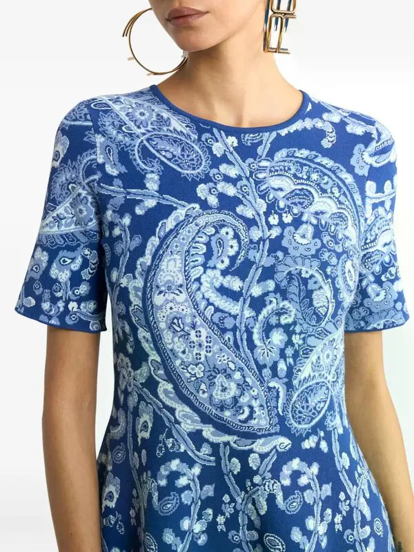 Etro Jacquard Knit Knee-length Dress With Floral Paisley Motif - Blue