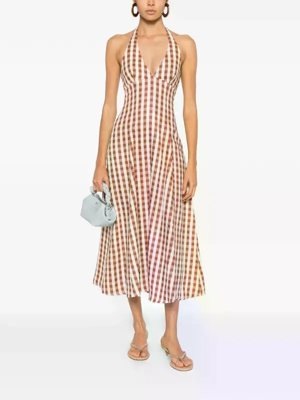 Faithfull The Brand Gingham Halterneck Midi Dress - Brown