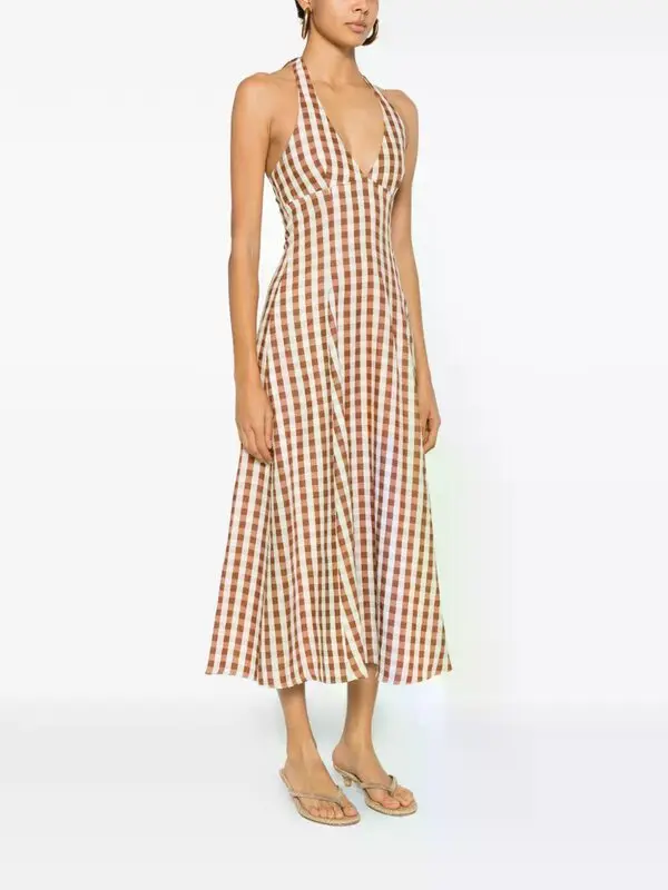 Faithfull The Brand Gingham Halterneck Midi Dress - Brown
