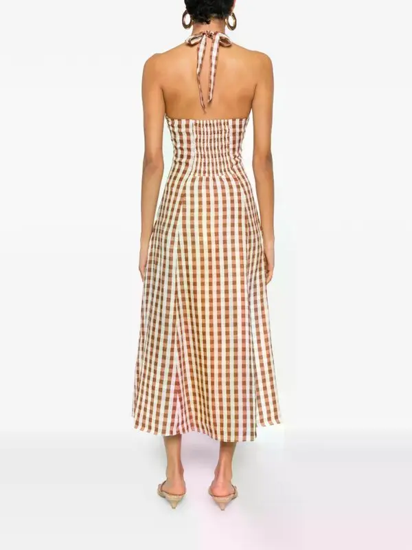 Faithfull The Brand Gingham Halterneck Midi Dress - Brown