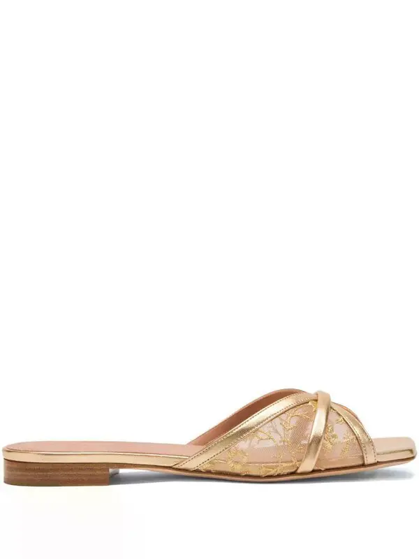 MALONE SOULIERS Perla Flower-embroidered Flat Sandals - Gold