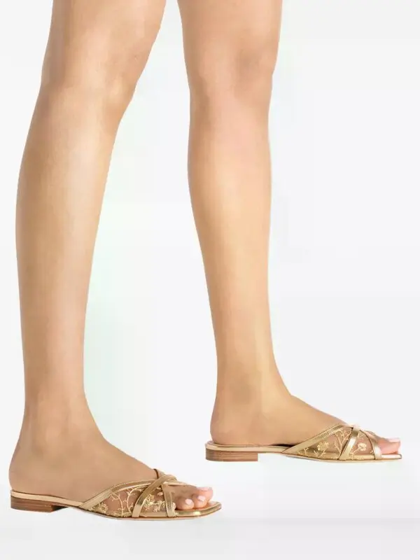 MALONE SOULIERS Perla Flower-embroidered Flat Sandals - Gold