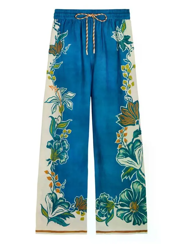ALEMAIS Luca Floral-print Linen Trousers - Blue