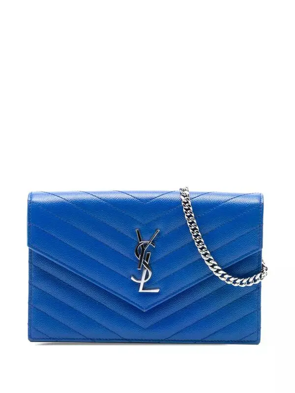 Saint Laurent 2018 Grain De Poudre Chevron Monogram Envelope Chain Wallet - Blue