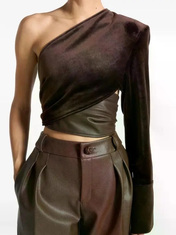 Manière De Voir Coralie One Sleeve Velour Wrap Top - Brown