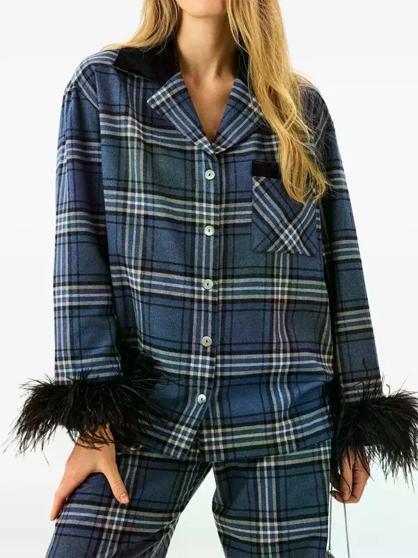 Sleeper Checked Feather-trimmed Pajama - Blue