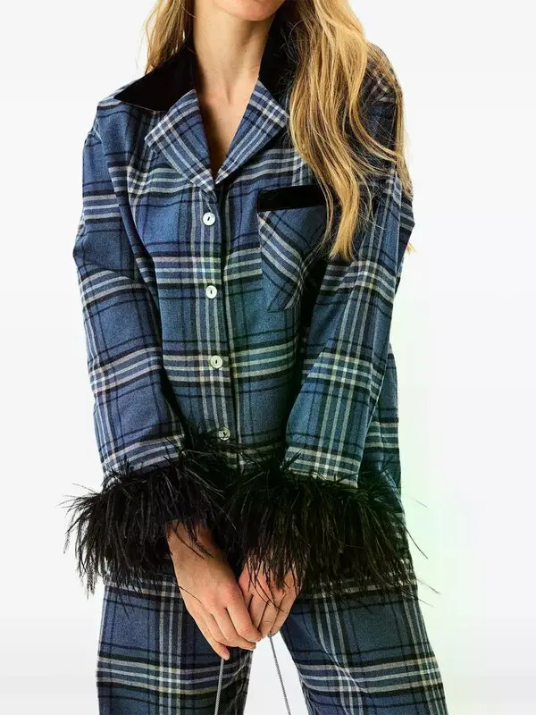Sleeper Checked Feather-trimmed Pajama - Blue