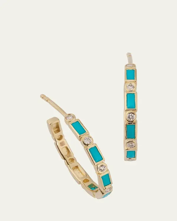 SYDNEY EVAN 14k Turquoise And Diamond Hoop Earrings - Gold