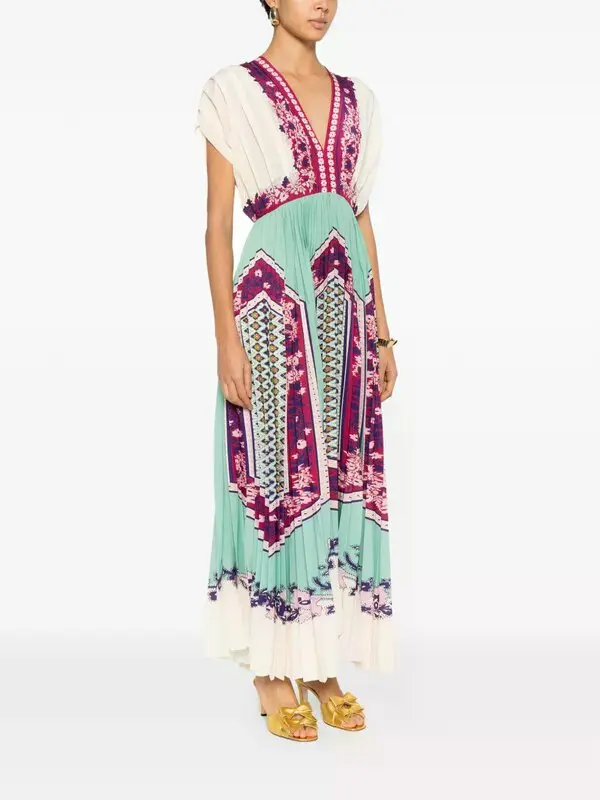 La DoubleJ V-neck Floral Pleated Midi Dress - Neutrals