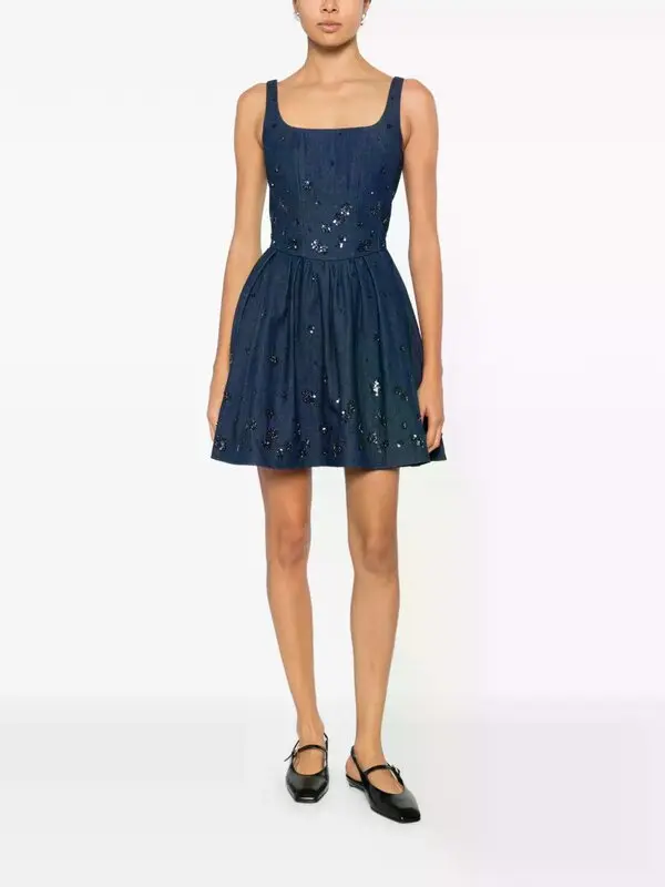 Maje Flared Embroidered Denim Mini Dress With Sequins And Beads