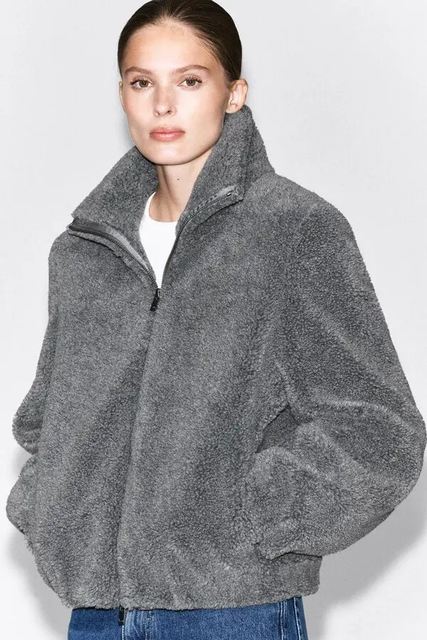 Cos Mock-neck Teddy Jacket With Binding - Gray