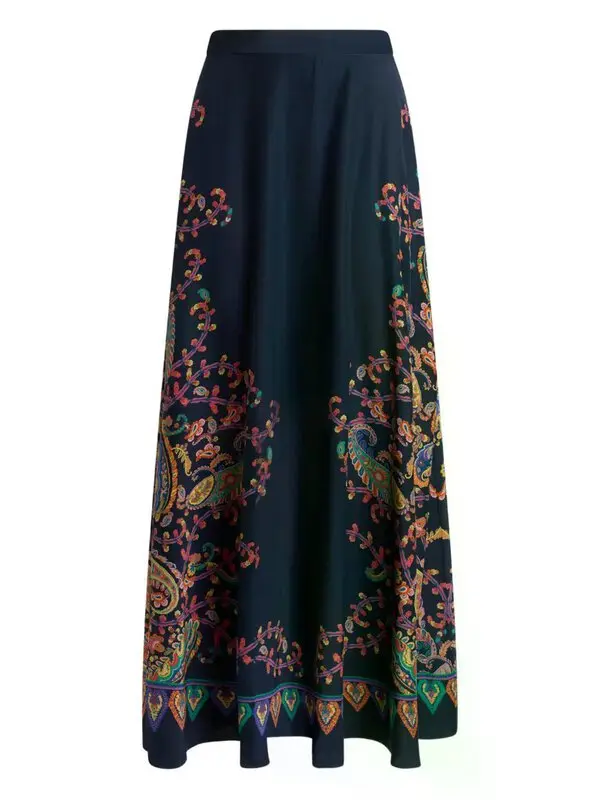 Etro Silk Maxi Skirt With Placed Floral Paisley Print - Blue