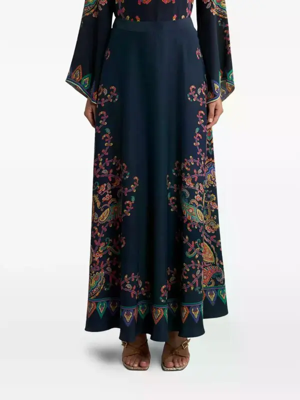 Etro Silk Maxi Skirt With Placed Floral Paisley Print - Blue