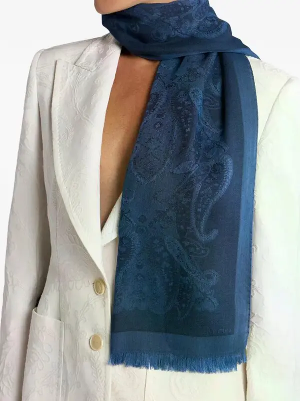 Etro Cotton-blend Jacquard Scarf With Paisley Motif - Blue