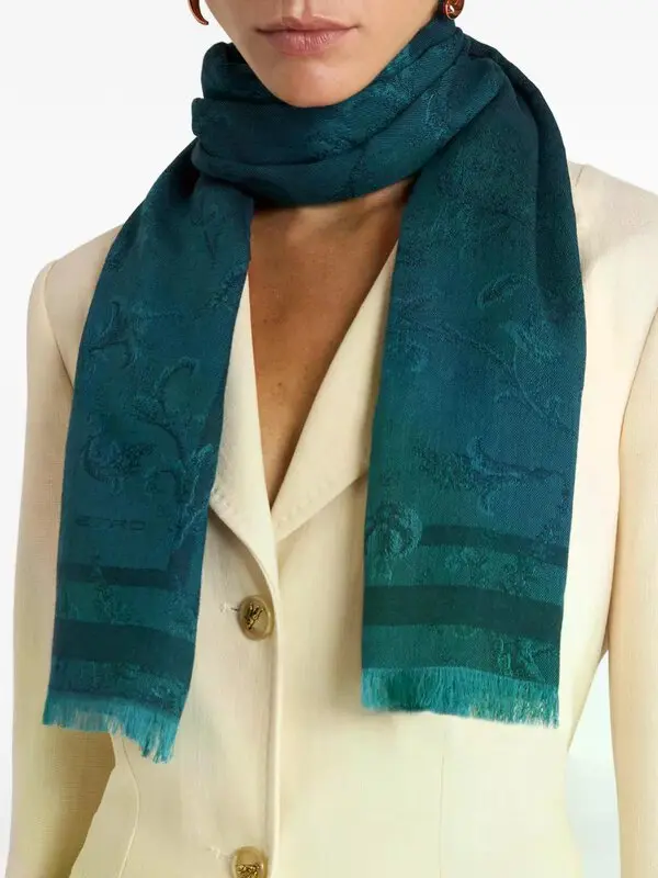 Etro Cotton-blend Jacquard Scarf With Floral Motif - Blue