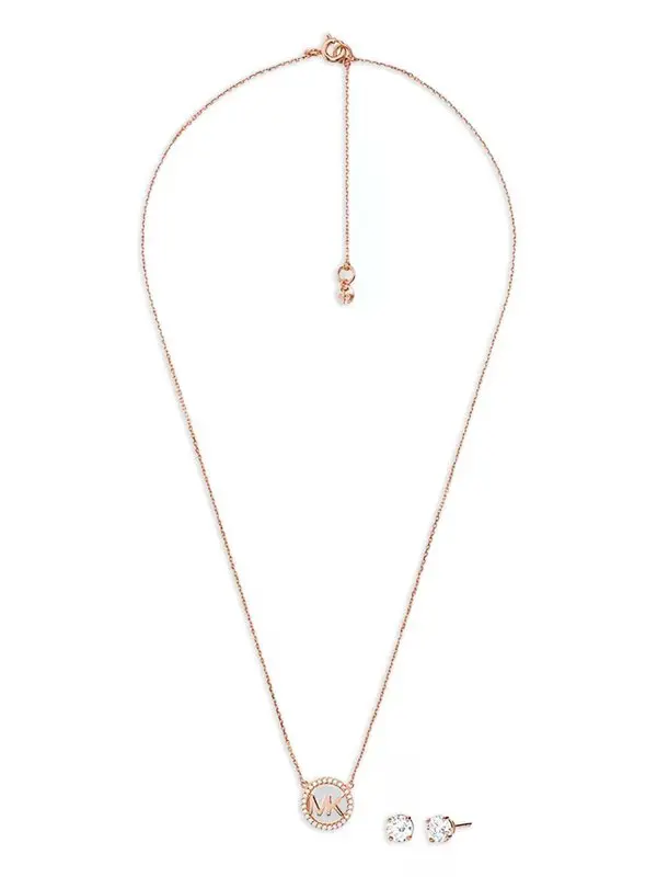 Michael Kors Logo Pendant Necklace And Stud Earrings Set - Pink