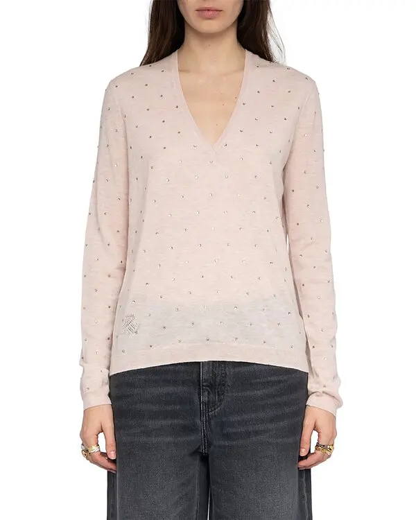 Zadig&Voltaire Rivy Cashmere V-neck Sweater With Embellishments - Pearly