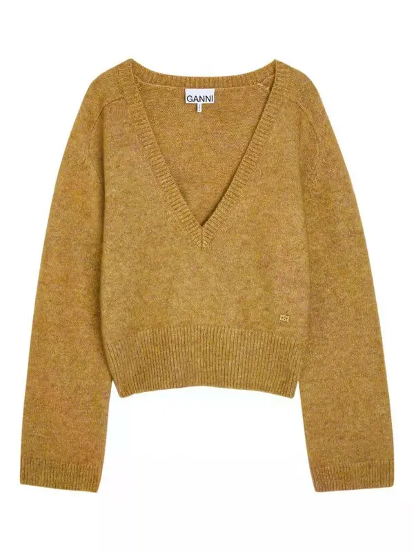 GANNI Brushed V-neck Sweater - Brown