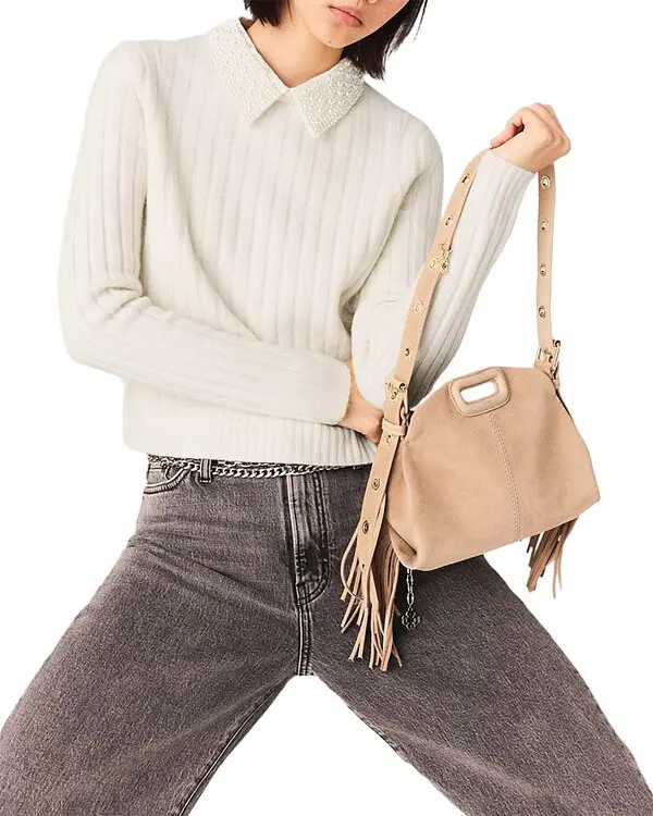 Maje Ribbed Sweater With Beaded Collar - Ecru